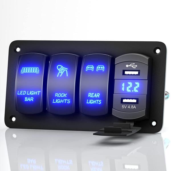 商品名Okerny Rocker Switch Panel + 4.8A USB Charger + Voltmeter Aluminum Pre-Wired Toggle Switches for Automotive Car Marin...