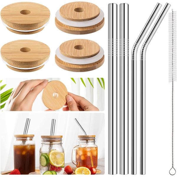 商品名レギュラーマウス 竹の蓋、4パック 竹の蓋 メイソンジャー、ビールグラスカップ、ガラスソーダ缶用ストローホール付き 4 ステンレス鋼ストロー、1 ストローブラシBamboo Lids for Mason Jars, 4 Pack Ba...