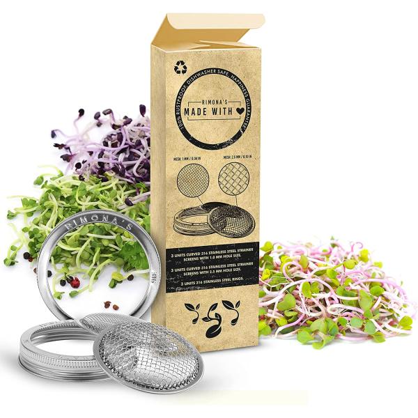 商品名RIMONA'S 316 Sprouting Lids for Wide Mouth Mason Jars with Stainless Steel Curved Mesh Strainers - 9 pack (3 lid ring...