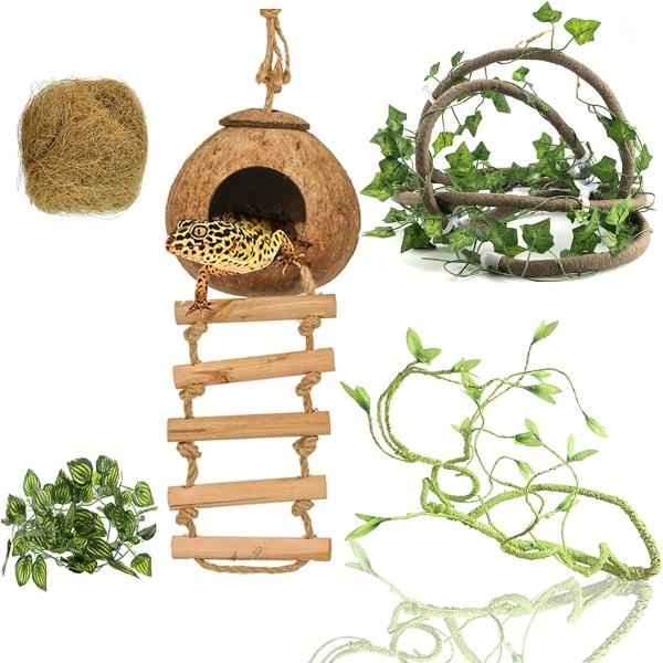 商品名RUNANIA Crested Gecko Tank Accessories, Reptile Vines and Plants Coco Hut Coconut Shell with Ladder Hideout Cave Habi...