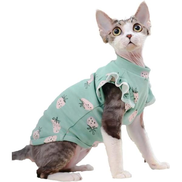 商品名Bonaweite Sphynx Hairless Cats Cute Strawberry Pattern Dress with Puff Sleeve, Breathable Cotton Cat Wear Clothes Ves...