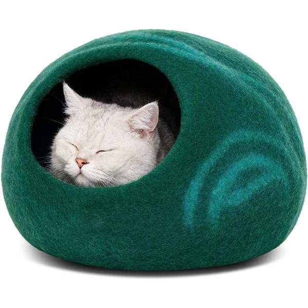 商品名MEOWFIA Premium Felt Cat Bed Cave - Handmade 100% Merino Wool Bed for Cats and Kittens (Dark Shades) (Medium, Deep Em...