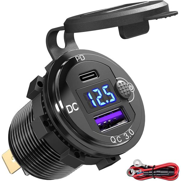 商品名Qidoe 12V USB Outlet Aluminum USB C Car Charger Socket PD 20W and QC3.0 18W Dual USB Port with LED Voltmeter Power Sw...