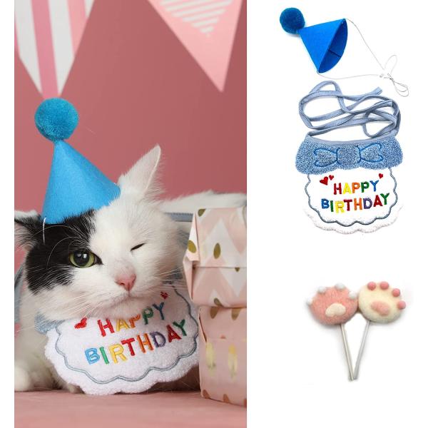 商品名Emmeliestella Cat Birthday Party Supplies Decorations Set, Birthday Cake Banner/Sparkle Hat/Cotton Bib/Paw Cake Toppe...