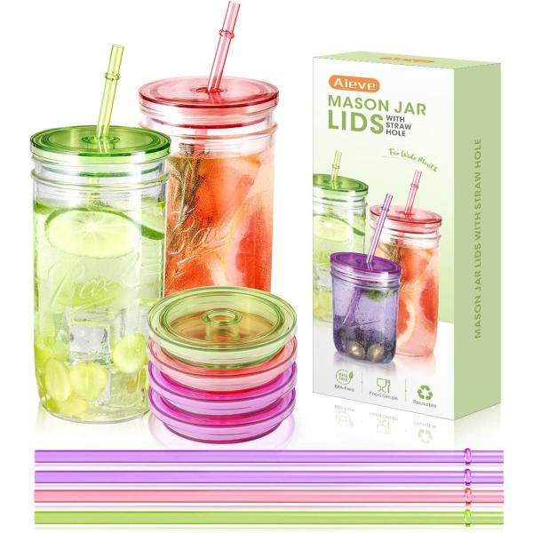 商品名AIEVE Mason Jar Lids with Straws, 6 Set Wide Mouth Mason Jar Lids with Straw Hole, Colored Mason Jar Drinking Lids, R...