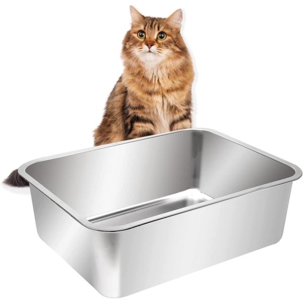 商品名Kichwit 特大ステンレススチールオープン猫用トイレボックス サイドが高い 金属製トイレパンKichwit Extra Large Stainless Steel Open Cat Litter Box with High Sid...
