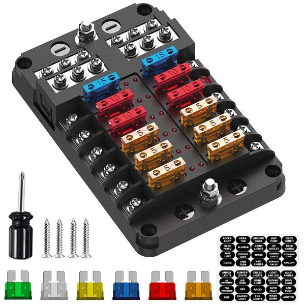 商品名Marine Fuse Block 12v Fuse Box: 12Way Boat Fuse Panel 12v Power Distribution Block with LED Warning Indicator Waterpr...