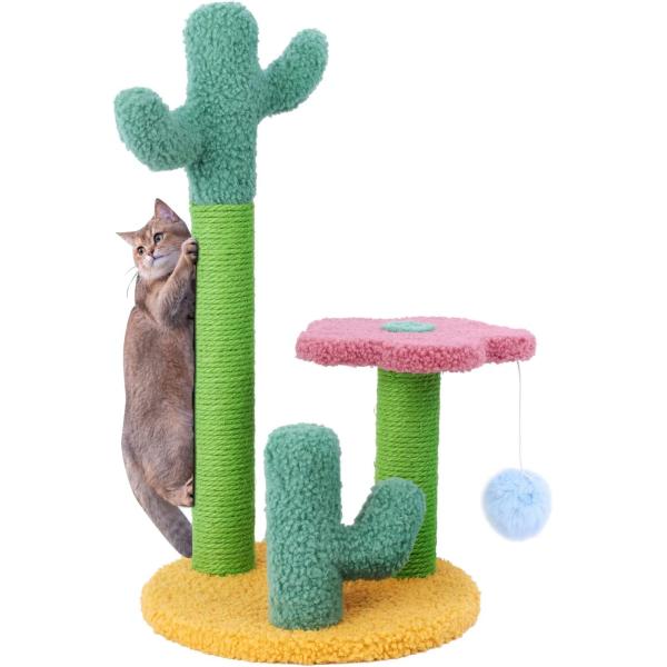 商品名TNELTUEB Large Cat Scratching Post, Sisal Cactus Cat Scratcher with 3 Different Height Poles and Hanging Ball Cat Int...