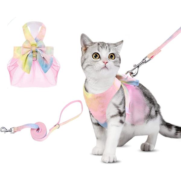商品名ORIA Dog Bowknot Dress Harness Leash Set, Bow Tie Vest Harness Dress with Leash, Rosette Soft Mesh Pet Cat Dog Vest H...