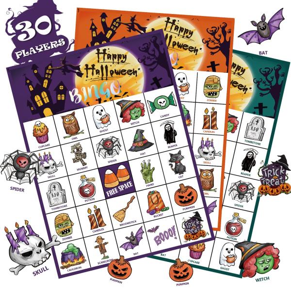 商品名:  VESPRO 46PCS Halloween Bingo Game Cards for 30 Players Halloween Party Games for Kids Party Classroom Activitiesブラ...