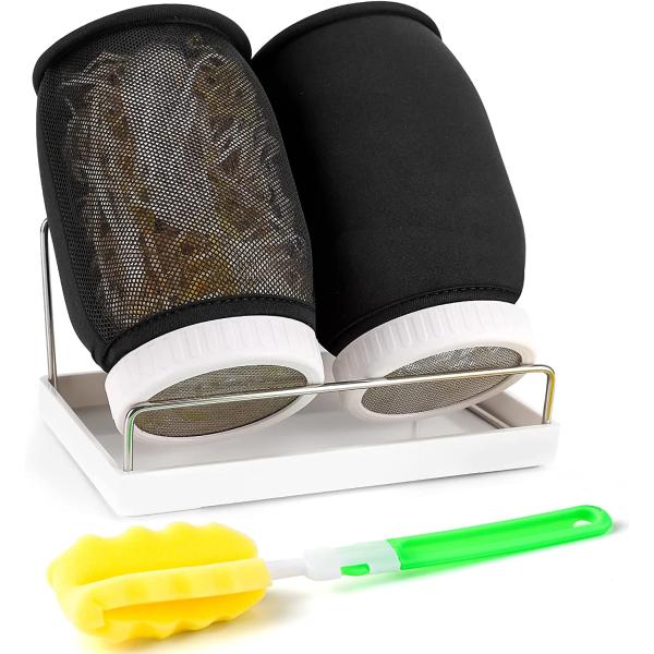 商品名Auspok 発芽ジャーキット 広口メイソンジャー2個 プレミアムステンレススチールスクリーンスプラウト蓋 遮光スリーブ トレイ スタンド 缶詰ブラシ ブロッコリー アルファルファ ムングビーの育成用発芽キットAuspok Sprou...