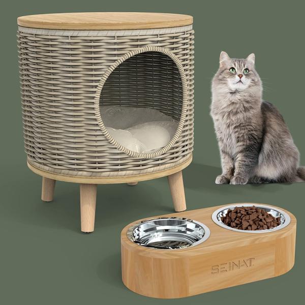 商品名SEINAT Hand Woven Wicker Cat Bed, Elevated Pet Condo Puppy Dog House Hideaway with 2 Stainless Steel Cat Bowl…ブランド：SE...