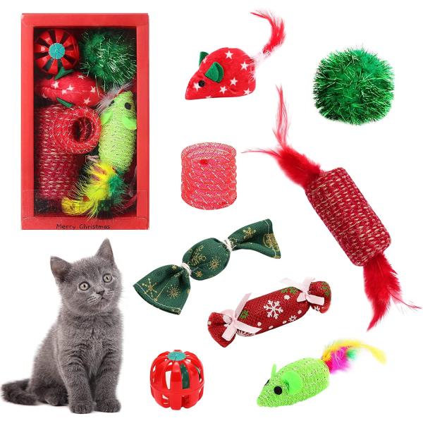 商品名Pawaboo 8 Pieces Christmas Cat Toys, Bulk Cat Toys Assorted, Gift Box Include Interactive Feather Mouse, Spring Toy, ...