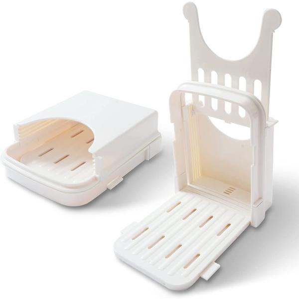 商品名KitchenThinker ブレッドスライサー 自家製パン用 折りたたみ式パンスライサー コンパクトパンスライスガイド 3サイズ パンローフスライサー プラスチックパンカッター 調節可能なパンスライサー キッチン用 ホワイトKitc...