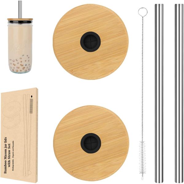 商品名Tronco メイソンジャー蓋 ステンレススチールストロー付き 再利用可能なメイソンジャー竹蓋 ストロー穴付き ストロー2本 ストローブラシ1本 広口メイソンジャータンブラー蓋用Tronco Mason Jar Lids with S...
