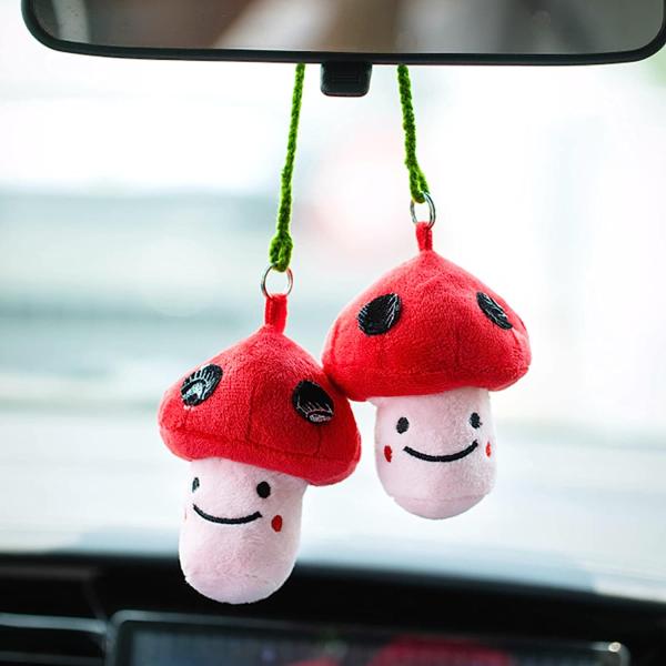 商品名Levvohd 2 Pcs Cute Mushroom Car Mirror Hanging Aesthetic Car Decoration, Red Smiley Mushroom Car Rear Dangle Interior...