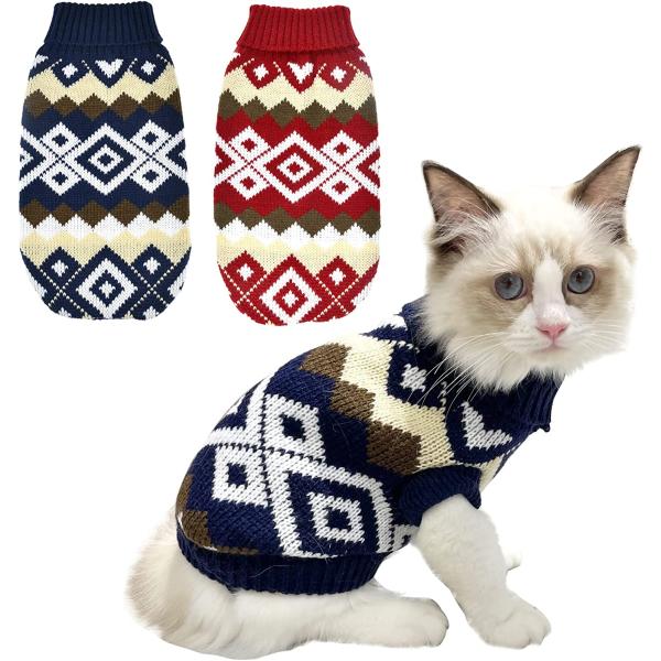 商品名Vehomy 2Pcs Pet Christmas Plaid Sweaters Cat Navy Blue Sweater Kitten Puppy Christmas Red Sweater Dog Cat Xmas Costum...