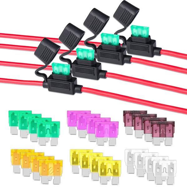 商品名10 Gauge Fuse Holder ATC/ATO, 4 Packs in-Line Car Fuse Holder with 24 Pcs Blade Type Standard Fuses, 5A 20A 25A 30A 3...