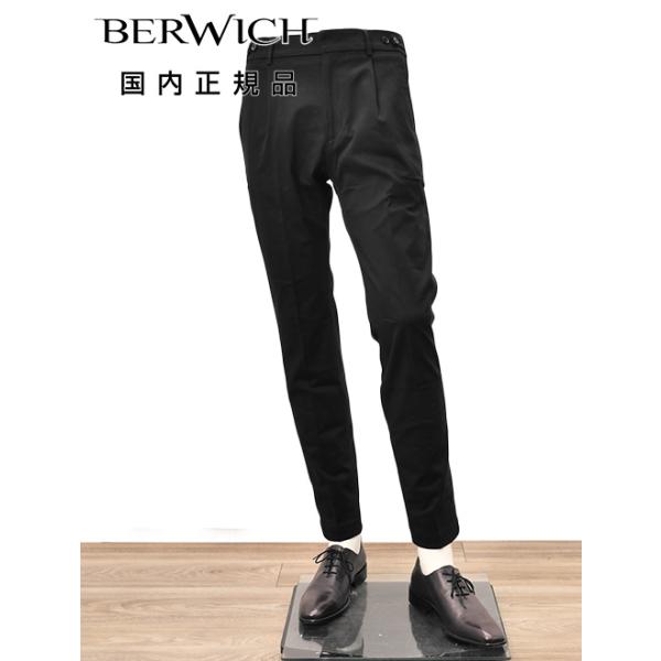 商品名：ベルウィッチ BERWICH チノスラックス メンズ ベルト BERTO ストレッチコットンパンツ ブラック 黒 1プリーツ シャーリング仕様 サイドアジャスター釦 国内正規品