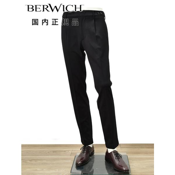 商品名：ベルウィッチ BERWICH イージースラックス メンズ BERTO ベルト 1プリーツパンツ ストレッチジャージー ブラック 黒 シャーリング仕様 国内正規品