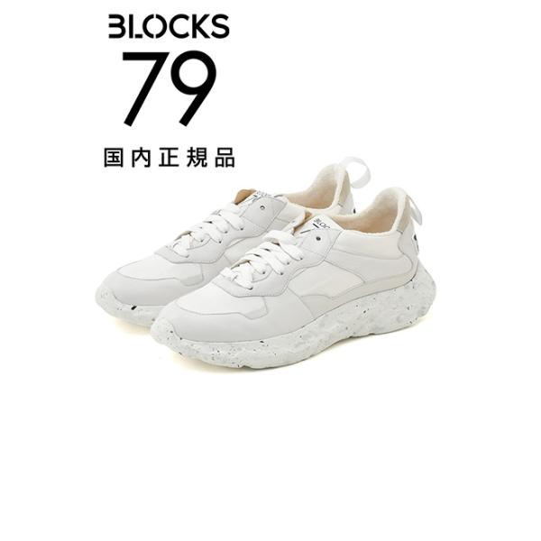 商品名：ブロックス79 BLOCKS79 レザースニーカー メンズ レースアップシューズ COBIモデル ブラックナンバリング風デザイン ホワイト 白 厚底ソール 国内正規品
