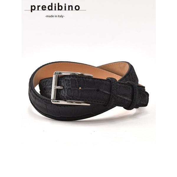商品名：プレディビーノ Predibino レザーベルト メンズ クロコ型押し スエードレザー ブラック 3.5cm幅 本革 真鍮バックル 長さカット可能 でらでら 公式ブランド