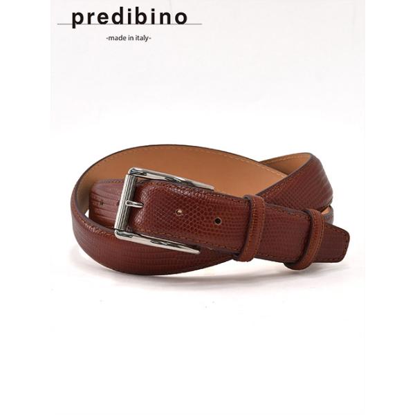 商品名：プレディビーノ Predibino レザーベルト メンズ リザード型押しデザイン マロンブラウン 3.5cm幅 本革 真鍮バックル 長さカット可能 でらでら 公式ブランド