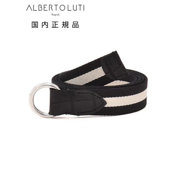 商品名：アルベルト ルティ ALBERTO LUTI　リングベルト メンズ リボンベルト コットン×型押しレザー ブラック×ホワイト 黒×白 30mm幅 ブランド刻印 国内正規品