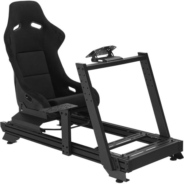 【シート付き本格レーシングコックピット】 シムレーシングを本格的に楽しみたい方に最適な、シート付きレーシングコックピット。ハンコンスタンドとレーシングシートを一体化した設計で、没入感のあるドライビング環境を実現します。【自在に調整できるドラ...