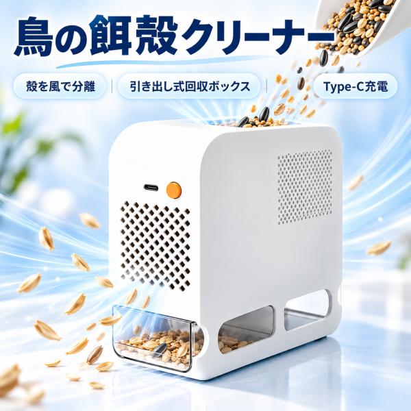 【電動送風でエサと殻をスムーズに分離】風の力を利用して、小鳥の餌に混ざった穀物の殻を分離する電動エサ殻分離器。均一な気流で軽い殻を吹き分けることで、毎日の餌の選別作業をサポートします。手作業で殻を取り除く手間を減らし、小鳥の餌やり準備をより...