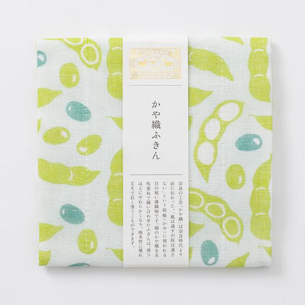 ビールと一緒に贈りたい枝豆柄夏のビールのお供に欠かせない枝豆の豆やサヤを、かや織ふきんに楽しく描きました。お好みのお酒やおつまみと組み合わせ、夏のちょっとしたおもたせや贈りものにしていただくのもおすすめです。奈良の工芸「かや織」は、奈良時代...