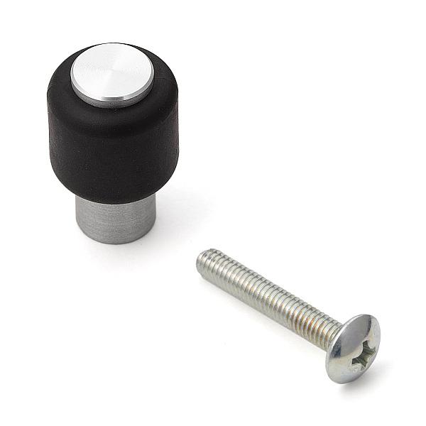 つまみ FS-06-S 付属品:十字穴付トラス小ねじM4x25(カラー)(1)カバー：ブラック材料:(1)カバー：エラストマー（TPE）(2)本体：アルミニウム合金仕上:(2)本体：シルバーアルマイト処理＋ヘアライン仕上重量:6g製品内容は...
