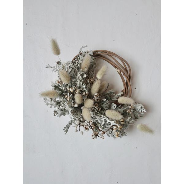 シロタエギクをベースにラグラスや木の実を合わせて仕立てたドライフラワーリースです。シルバーリーフのやさしい色合いとふわふわしたラグラスの質感が落ち着いたナチュラルな雰囲気を作ります。壁にかけて小さな草花の景色として楽しめる軽やかなサイズのリ...