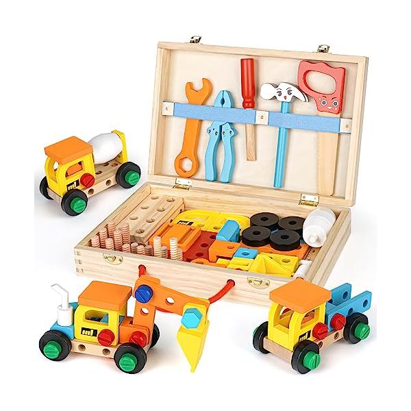 サイズ：Big大工 おもちゃ:子供 工具箱 おもちゃには、木製工具箱、説明書、ハンマー、スパナ、のこぎり、定規、ドライバー、ハンドル、ブロック、ネジ、ナット、ゲームボードが入っています。男の子と女の子のためのモンテッソーリ知育玩具。安全な木...