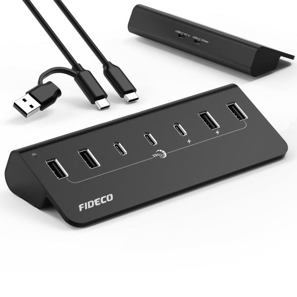 カラー：ブラック【アルミニウムデザイン】FIDECO USBハブは完全アルミニウム合金製で、人間工学に基づいたデザインで熱を素早く放散します。データハブの底部には滑り止めのゴムパッドが装備されており、机を傷つけずに安定性を高めることができま...