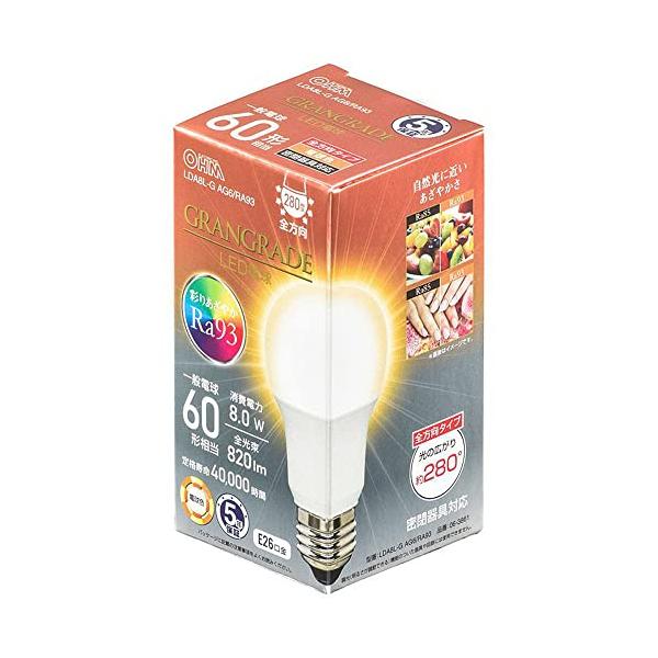 カラー：電球色サイズ：60形相当スタイル：一般電球形彩りあざやかRa93GRANGRADELED電球自然光に近いあざやかさ一般電球60形相当の明るさ配光角約280°全方向のタイプ密閉器具対応