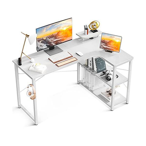 カラー：ホワイト 右棚サイズ：80D x 130W x 74 cmスタイル：L字型【商品仕様】パソコンデスクとしてはもちろん、ゲーミングデスクとしても使用できるおしゃれなL字デスク。◆本体サイズ：約幅130×奥行80×高さ74CM ◆本体重...