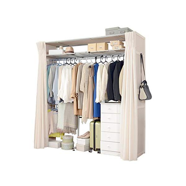 カラー：ホワイトサイズ：幅伸縮式 高さ194 洗えるカーテン 上棚付きスタイル：組立式サイズ:(約)幅115-195(フック含まず)×奥行55×高さ194cmカーテン・アジャスター・上棚付き、組立式主材:スチール、パイン