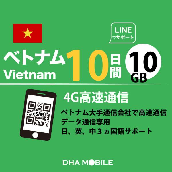 対応国：ベトナム日　数：10日間（※申請した日時から10日間。）容　量：10GB(超えると低速128kbps)対応SIM：eSIM対応バンド：4G/LTE: Band 3 (1.8GHz); 3G/CDMA: Band 1 (2.1GHz)...
