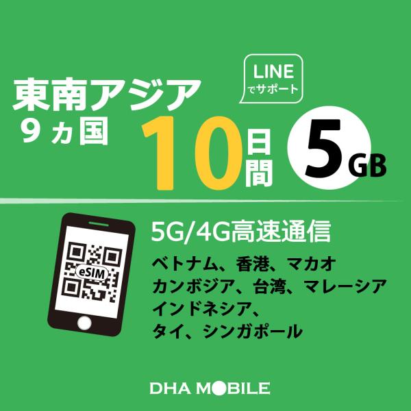 対応国：東南アジア9か国（ベトナム、香港、マカオ、カンボジア、台湾、マレーシア、インドネシア、タイ、シンガポール）日　数：10日間（※申請した日時から10日間。）容　量：5GB対応SIM：eSIM対応バンド：基本Band 1 / 3 / 5...