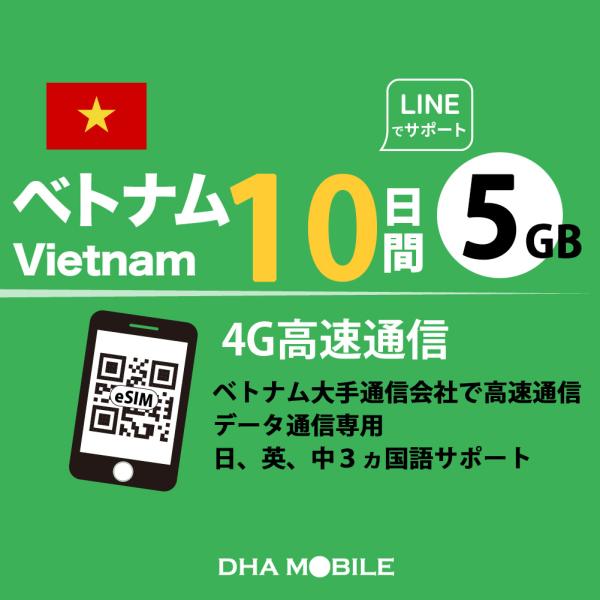 対応国：ベトナム日　数：10日間（※申請した日時から10日間。）容　量：5GB(超えると低速128kbps)対応SIM：eSIM対応バンド：4G/LTE: Band 3 (1.8GHz); 3G/CDMA: Band 1 (2.1GHz)【...