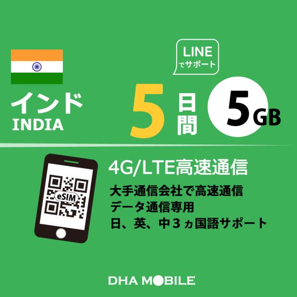 対応国：インド日　数：5日間（※申請した日時から5日間。）容　量：5GB対応SIM：eSIM対応バンド：5G : n8 / n3 / n1 / n78 / n77 / n258　　　　　　4G/LTE：B1 / B3 / B8 / B40【...