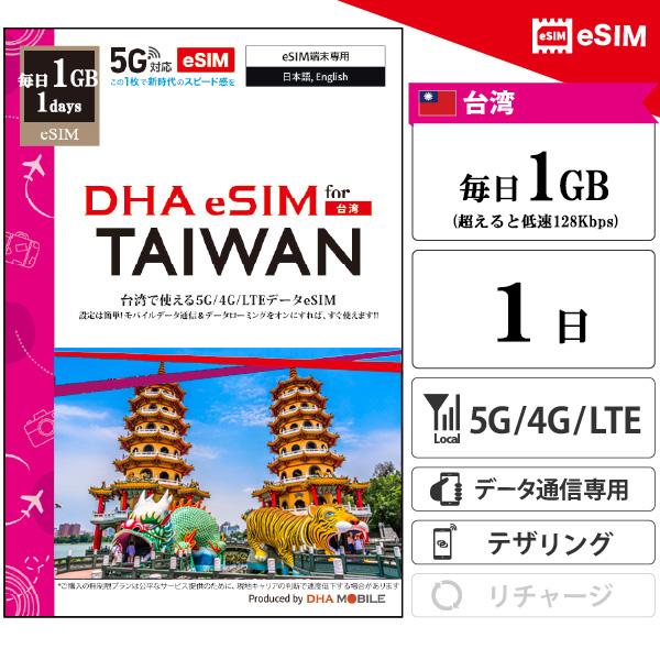 対応国：台湾日　数：1日間（※使用開始日から1日間。）容　量：毎日1GB（超えると当日中128kbps)対応SIM：eSIM対応バンド：4G/LTE: Band 3 / 7 / 8； 3G/W-CDMA: Band 1【注意事項】・中国／香...