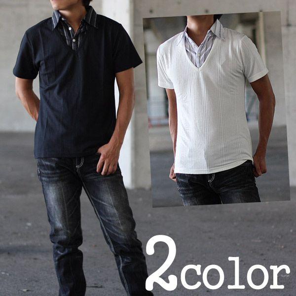 LOUIS CHAVLON ストライプ襟レイヤードVネックテレコカットソー襟部分がストライプ柄で布帛素材のレイヤードスタイル♪カラーはブラック・ホワイトの２色！！本体はVネックでランダムテレコ☆レイヤードはフェイクのため取り外しはできません...