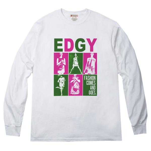「EDGY」最先端という意味合いの4文字のロゴがカッコイイ！ツートーンのフォトとのバランスが最高！！人気再燃のツィッギーを思わせるモデルのスタイルにも注目！●S ：身丈 71 身幅 45 裄丈 85●M ：身丈 73 身幅 50 裄丈 88...