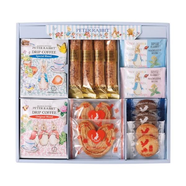 長年愛されてきたピーターラビット。デザインが新しくなって登場。花柄に囲まれたピーターラビットがとてもキュートです。そんなピーターラビットがお届けするドリップコーヒーとスイーツのセット。香り高い2種類の簡易ドリップコーヒーと6種類のスイーツを...