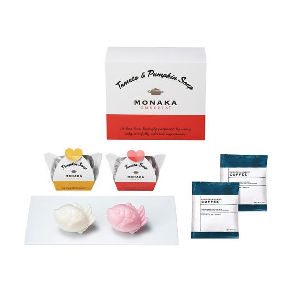 紅白のおめでたい鯛最中の中に「トマト」と「パンプキン」2種のスープを入れました。お湯をそそぐと野菜の美味しさあふれるスープと、もちもちとした最中の食感が楽しめます。心もカラダも温まるスープと深煎り焙煎コーヒーのセットで食卓を彩ります。■スー...