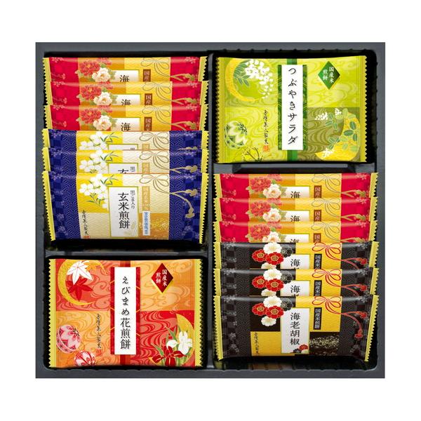 国産米100%の煎餅の詰合せです。加賀友禅をモチーフに色鮮やかにデザインされた目で見てきれいな米菓ギフトです。■煎餅（海老カレー×6・えびまめ花×3・つぶやきサラダ×3・黒ごま入り玄米×3・海老胡椒×3）  【乳成分・えび】■箱235×33...