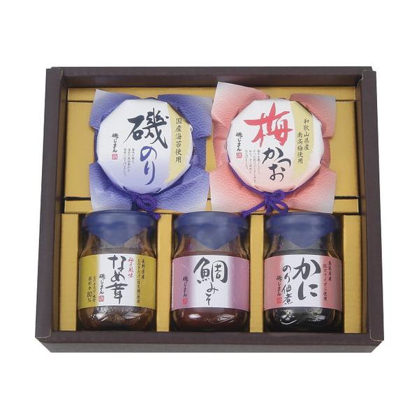 四季折々の海の幸、山の幸を風味豊かな佃煮にしました。素材の良さを大切に丹精込めたびん詰の詰め合わせです。■磯のり90g・梅かつお90g・柚子風味なめ茸85g・鯛みそ100g・かにのり佃煮90g×各1■箱サイズ:23.5×20×6.5【用途】...