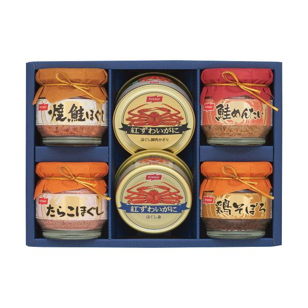 ご飯のお供に最適な瓶詰と料理を彩る、かに缶詰のバラエティーギフトです。■紅ずわいがにほぐし脚肉飾り50gx1、紅ずわいがにほぐし身55gx1、焼鮭ほぐし50gx1、たらこほぐし50gx1、鮭めんたい50gx1、鶏そぼろ50gx1、■箱サイズ...